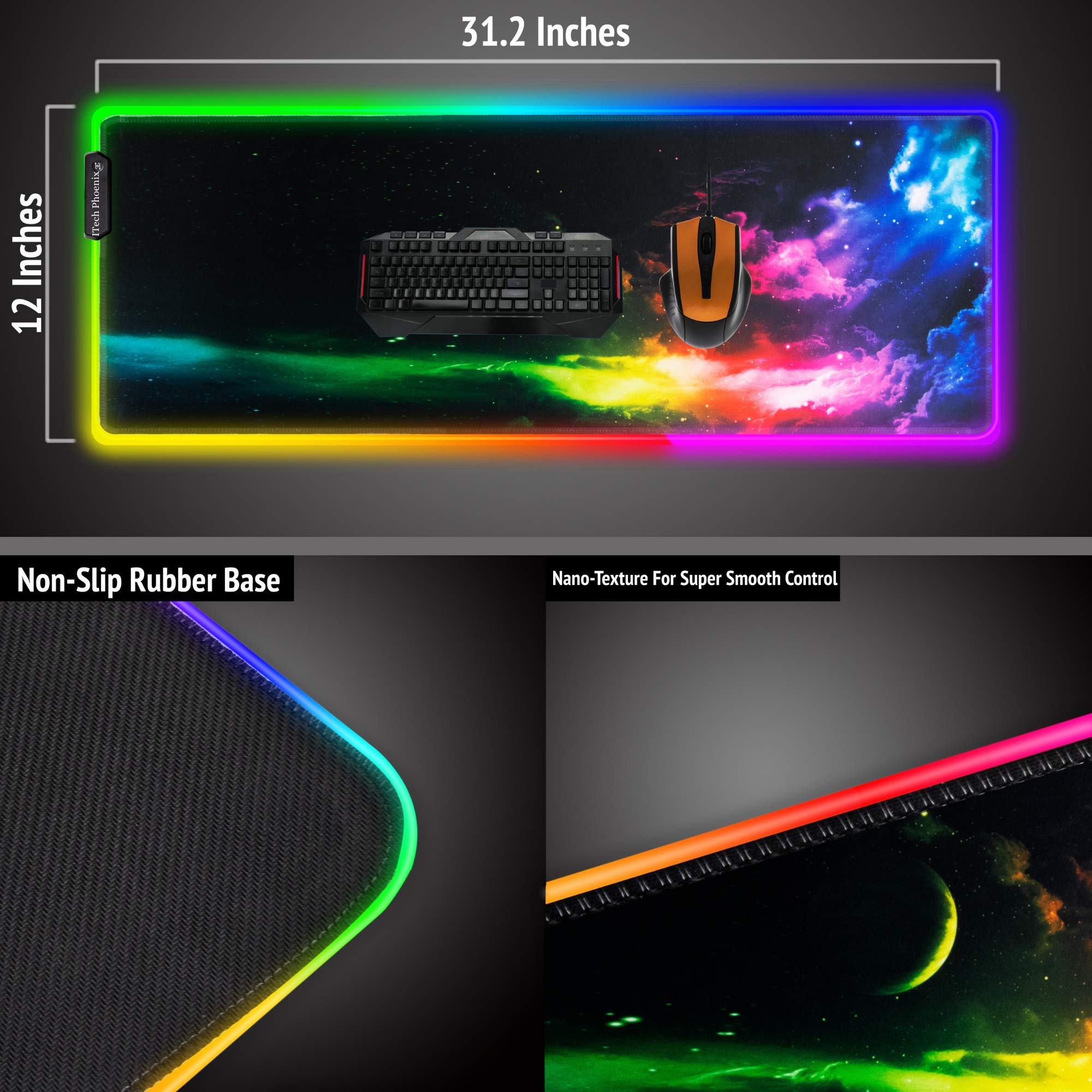 Galaxy Space Gaming Mouse PadGaming Mouse Pad|Extended RGB Gaming Mouse Mat|LED Animated Mouse Pad with Waterproof Surface-Anti-Slip Base -10 Colors&4 Modes-31.5x11.8x0.16inches
