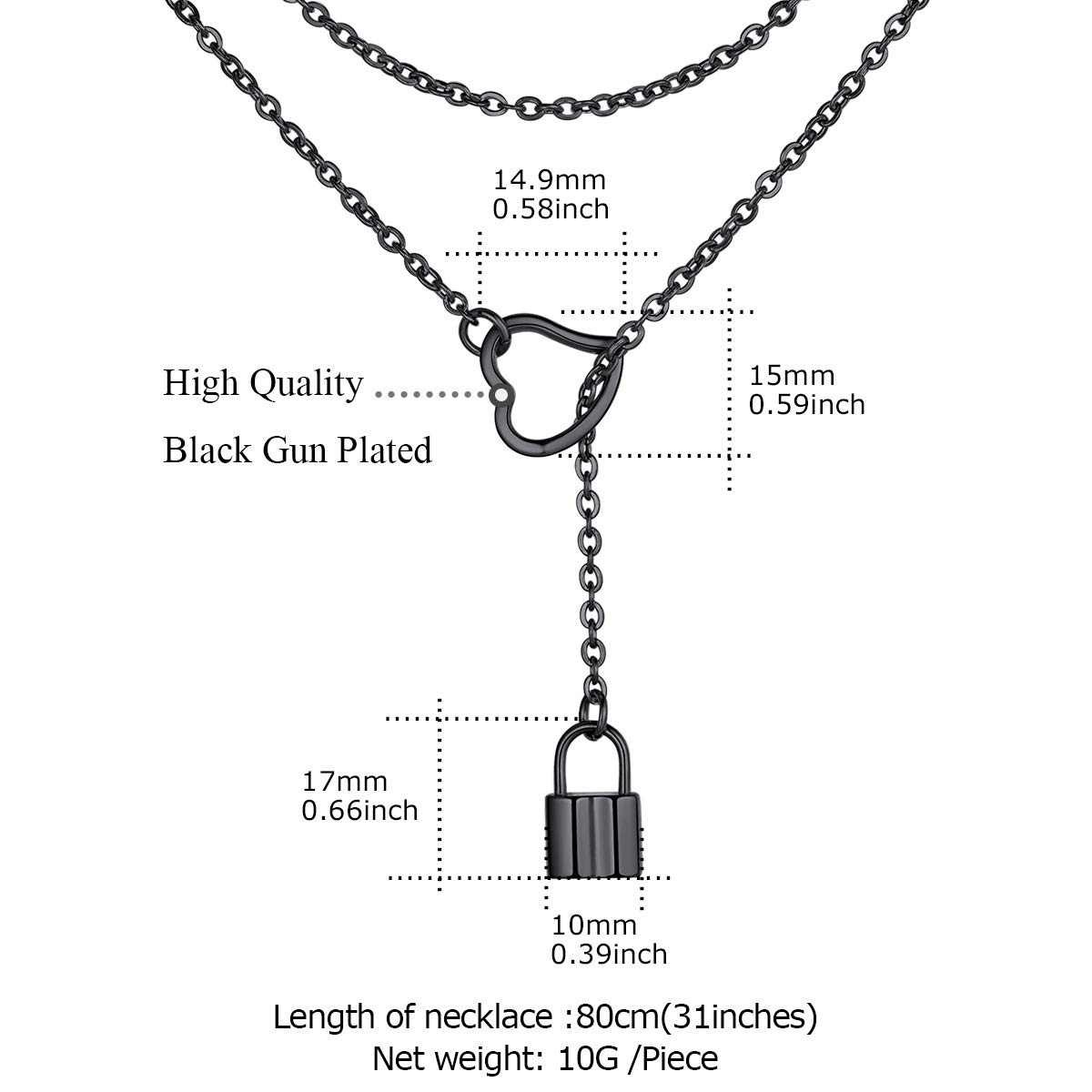 FOCALOOK Black Long Necklaces for Women Y Shaped Lariat Chain Drop Lock Pendant Necklace