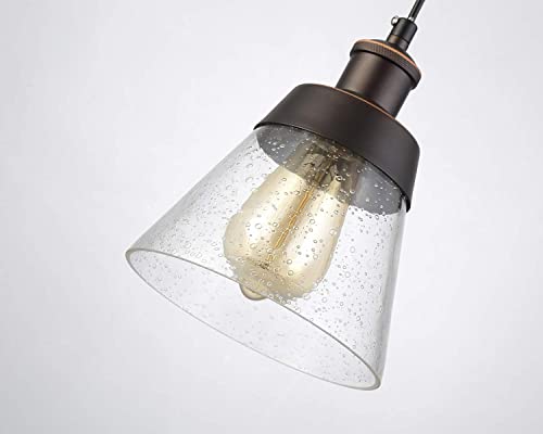 Fivess Lighting Rustic Glass Plug in Pendant Light with 15ft Cord, On/Off Switch, Handblown Clear Seeded Mini Hanging Fixture for Kitchen Island Sink Bar Farmhouse, Oil Rubbed Bronze (FSS3203-1P)