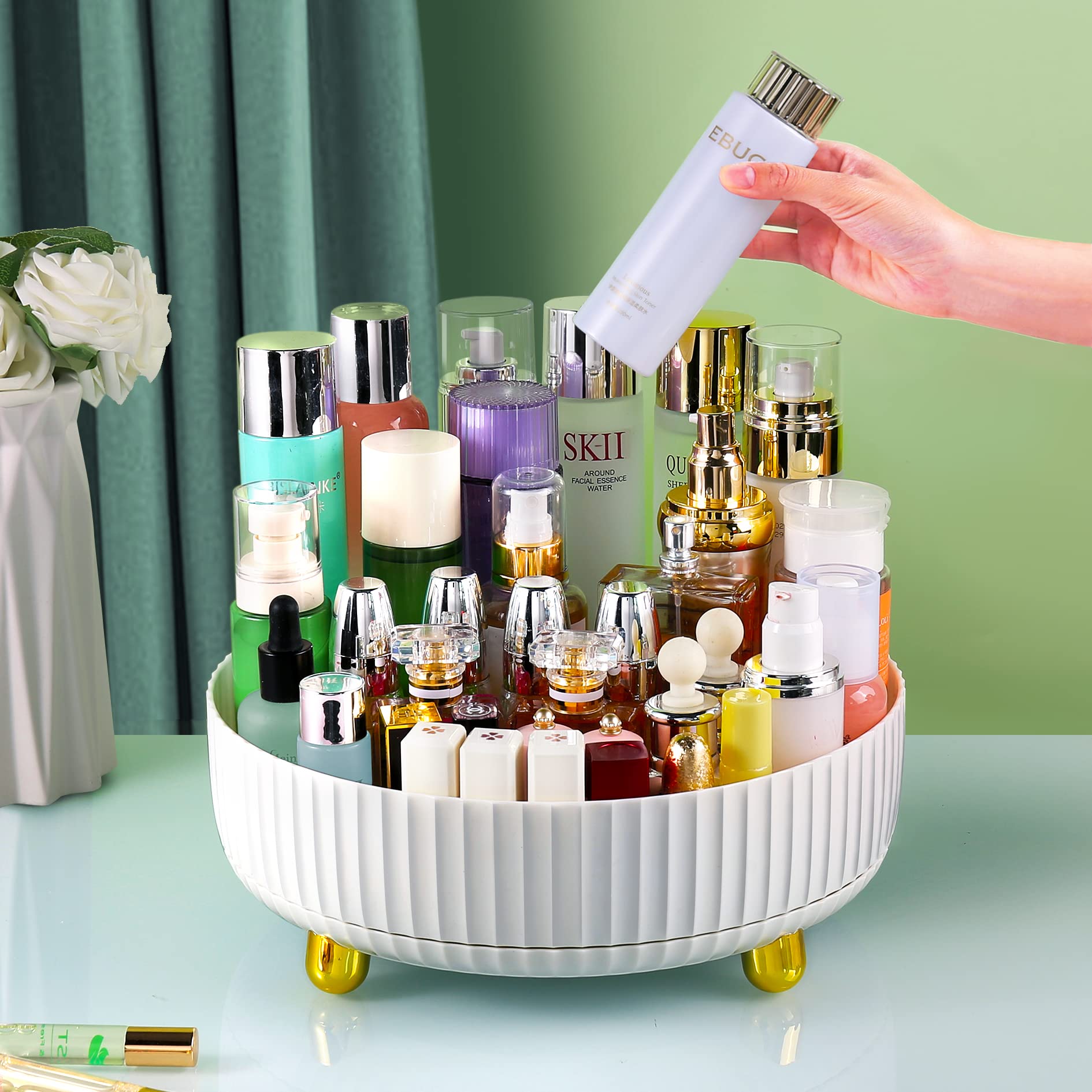 houya Rotating Makeup Organizer Perfume Organizer, 360 Spinning Cosmetic Organizer Large Capacity Countertop Organizer Lotion Display Cases Skincare Organizer for Dresser Vanity White