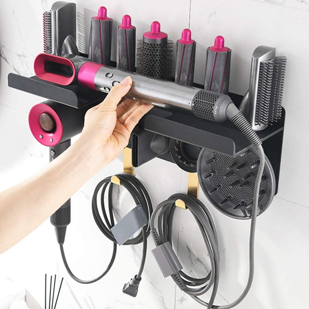 Floatant Wall Mount Holder Adhesive for Dyson Airwrap Styler Supersonic Hair Dryer, Nail-Free or Perforat to Install, Organizer Storage Rack with Hooks Steel Rings for Curling Barrels Brushes
