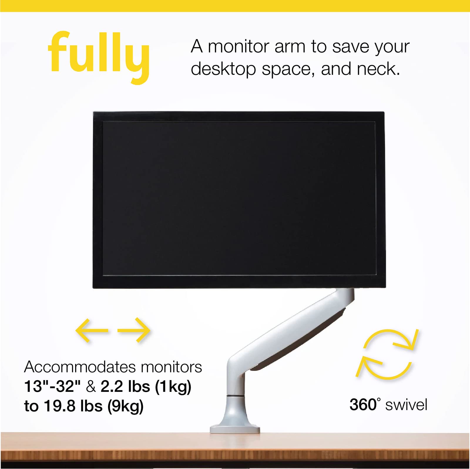 Fully Jarvis Monitor Mounting Arm - fits up to 32" Computer Display (Single, Black)