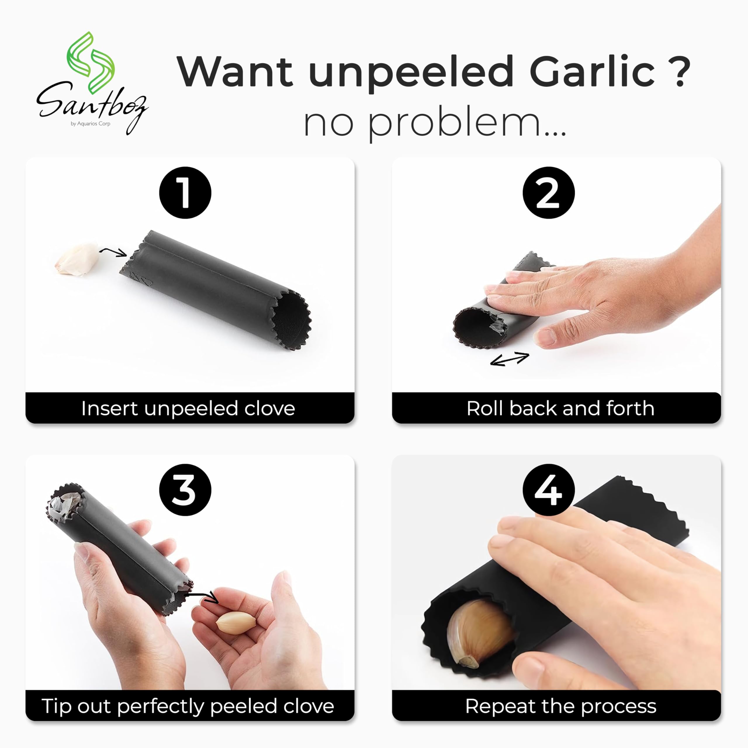 Garlic Press Stainless Steel with Garlic Peeler, Extract More Garlic Paste Per Tooth. Garlic Mincer Tool with Peeler, Equeeze, Estract, Crusher and Press the Garlic Easy and Fast. (Metal, Silver)