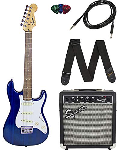 Fender Squier 24-Inch Short Scale Strat Pack - Transparent Blue Bundle with Frontman 10G Amplifier, Instrument Cable, Strap, Picks, Online Lessons, and Austin Bazaar Instructional DVD