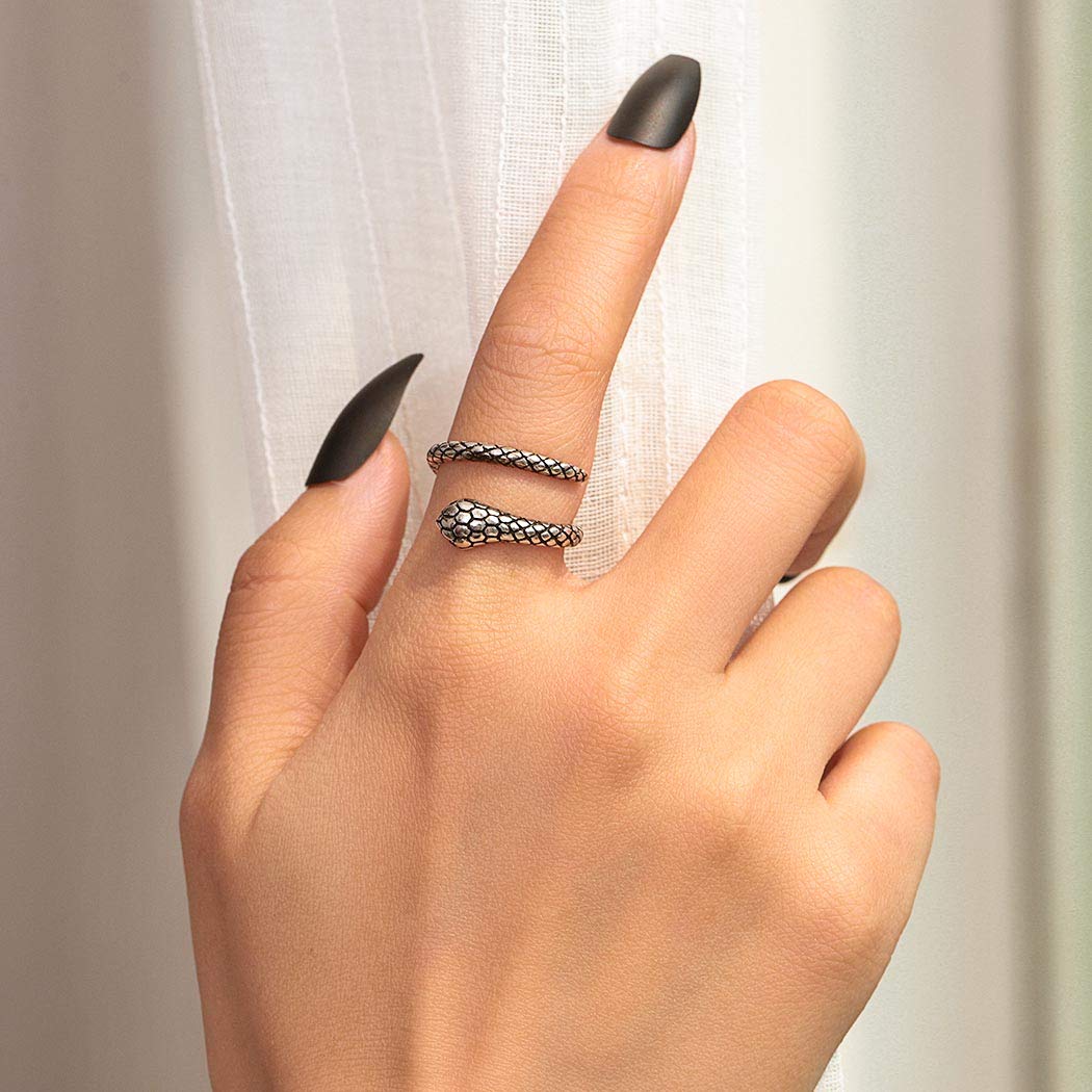 Fstrend Women's Statement Ring Silver Snake Vintage Band Ring Retro Stainless Steel Adjustable Open Rings Jewelry for Women and Girls