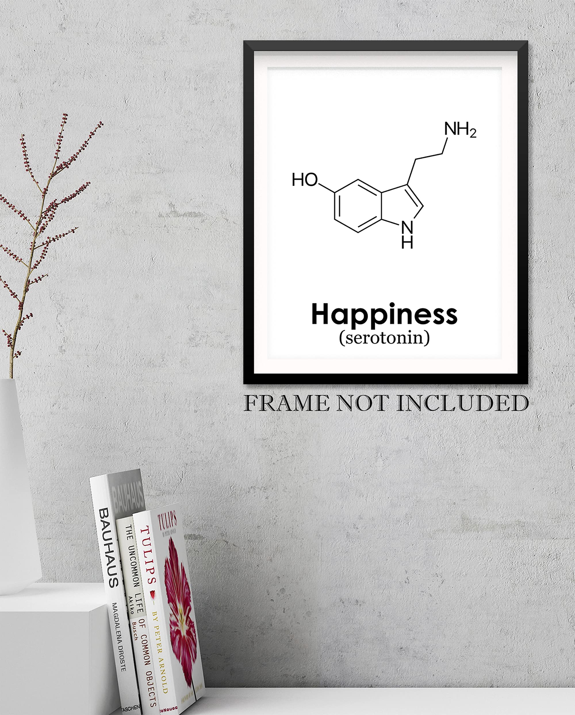 Happiness Serotonin Molecule Wall Art 11x14 Unframed Art Print Poster Black on White for Office, Classroom, Science Laboratory or Home Décor. Great Gift For Scientists, Chemists, Geeks and Nerds