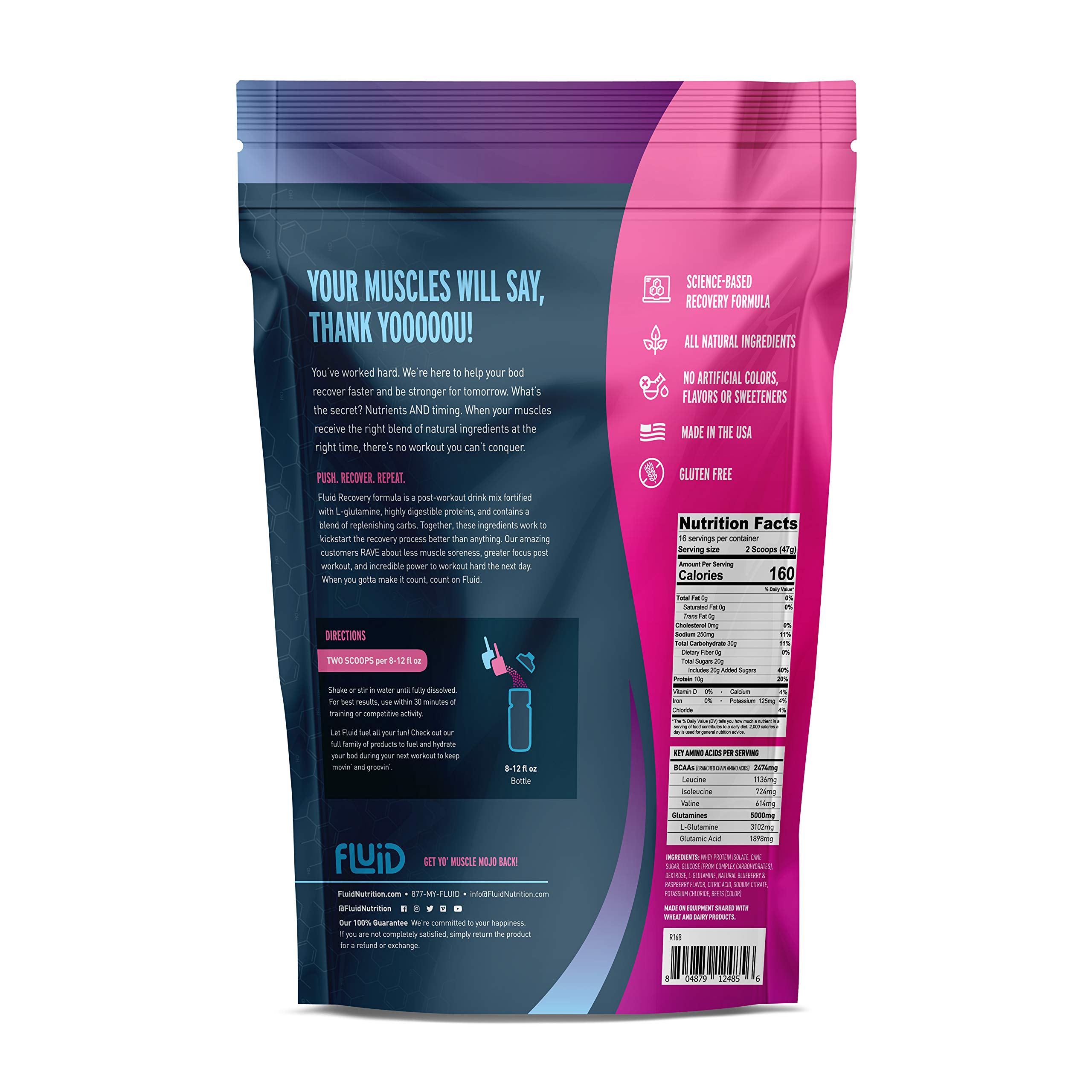 Fluid Recovery Post-Workout Drink Mix - Whey Isolate Protein, L-Glutamine, Carbs, All Natural Ingredients, Gluten-Free, Lactose-Free (Mixed Berry)