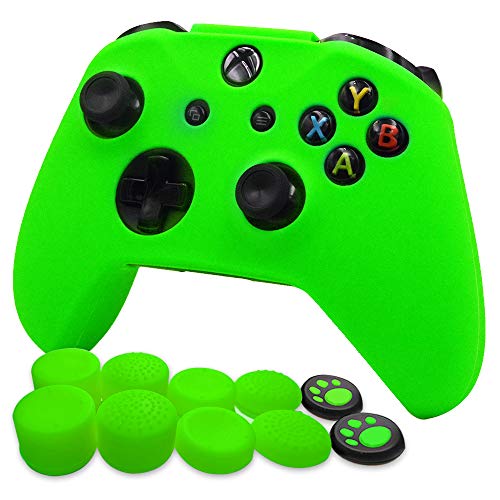 FOTTCZ Anti-Slip Soft Silicone Cover Skin Set for Microsoft Xbox One Controller which 1pcs Green Controller Skin + 8pcs Thumb Grip Caps