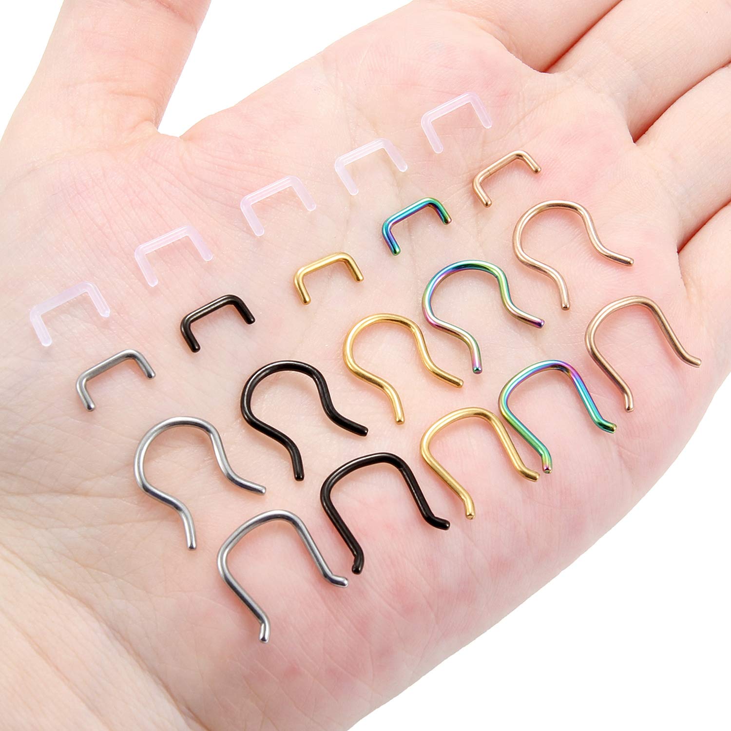 Ftovosyo 20pcs 16G Clear Flexible Septum Retainer Plastic & Surgical Steel Nose Septum Ring Piercing Jewelry for Women Men Bioflex Silver-tone Rose Gold Black