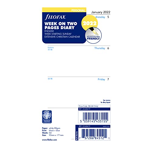Filofax Refill, Personal/Compact Size, Week-to-View with Notes Section, Sunday to Saturday, White Paper, Unruled, English, 2022 (C68419-22)