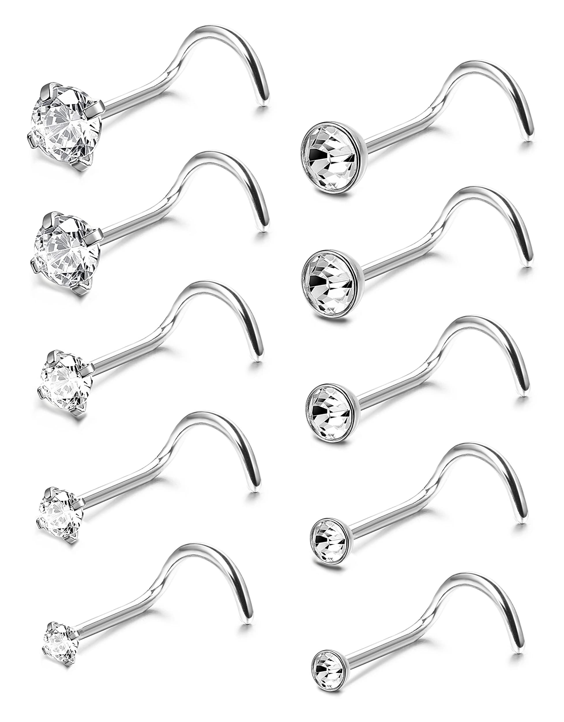 FIBO STEEL 20G Nose Rings Studs for Women 316L Surgical Steel Screw Nose Studs Nose Piercings Jewelry CZ Inlaid 1.5MM 2MM 2.5MM 3MM 3.5MM 10Pcs Silver