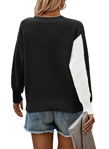 PRETTYGARDEN Women's 2023 Fall Knit Pullover Sweater Casual Long Sleeve Color Block Jumper Blouse Tops (Black,Large)