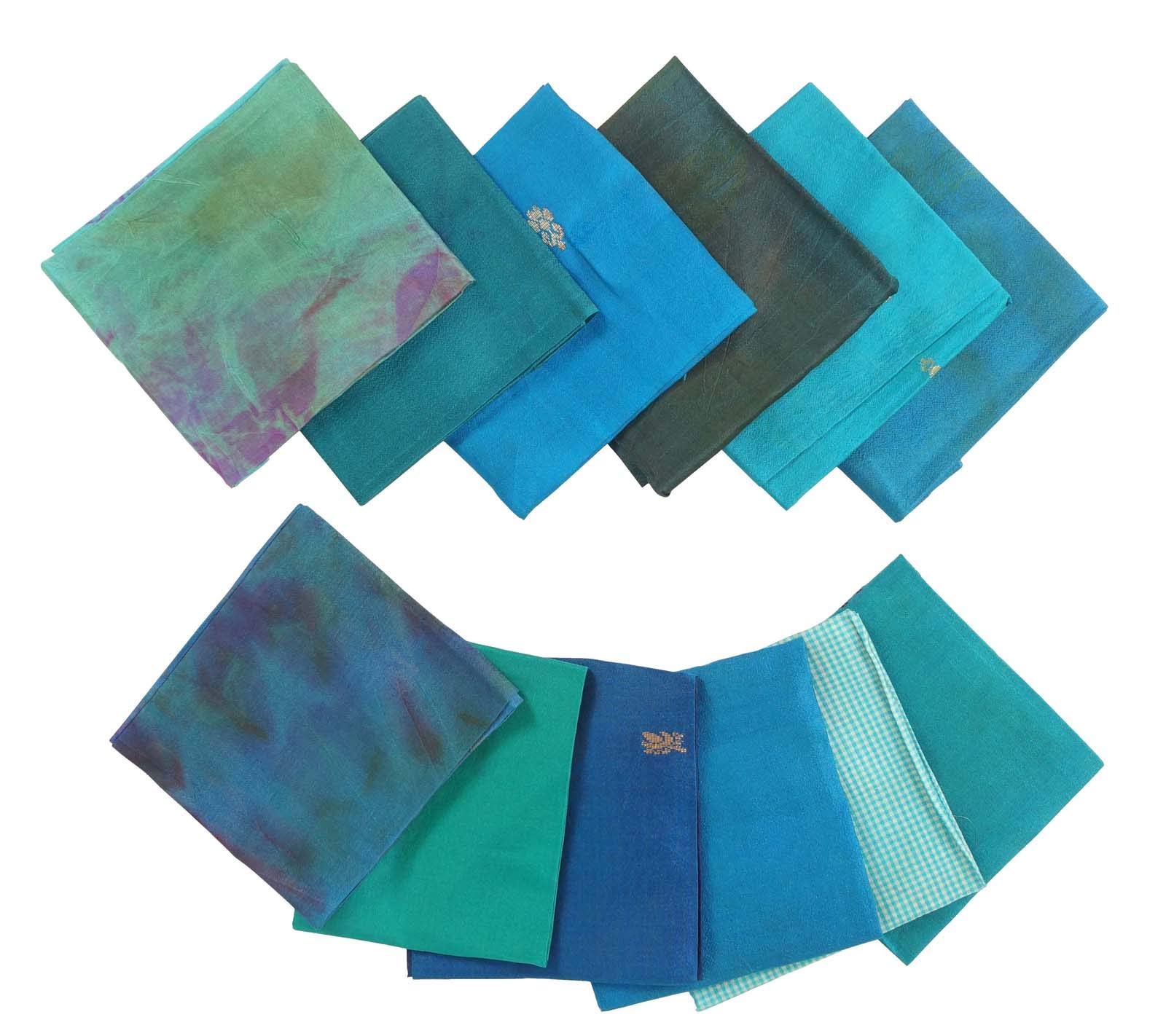 VintageandYou 12 Pieces Reclaimed Sari Silk Fat Quarter Fabric Bundle DIY Sewing Craft, 18 x 22 Inches- Sea Blue