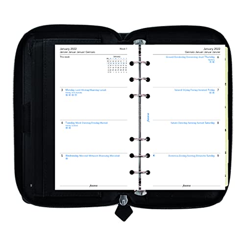Filofax Saffiano Zip Organizer, Personal Compact Size, Black - Cross-Grain, Leather-Look, Six Rings, Week-to-View Calendar Diary, Multilingual, 2022 (C028775-22)