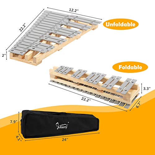 GLARRY 30 Notes Foldable Percussion Glockenspiel, Xylophone Instrument w/Wooden base, Mallets and Carrying Bag