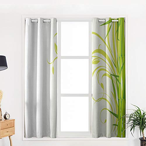 Green Kitchen Cafe Curtains Window Drapes Treatment Durable Polyester 80''W x 84''H, Bamboo with Artistic Floral Curly Leaves Asian Feng Shui Zen Garden 2 Panel Set Gromment Draperies Solid Print