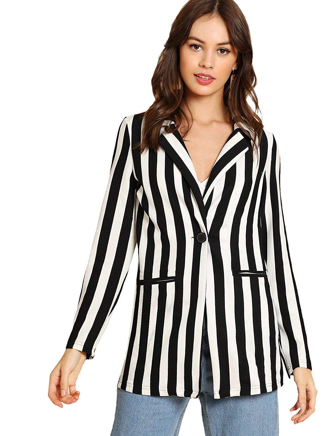 Floerns Women's Casual Work Office Open Front Striped Blazer Black White XL