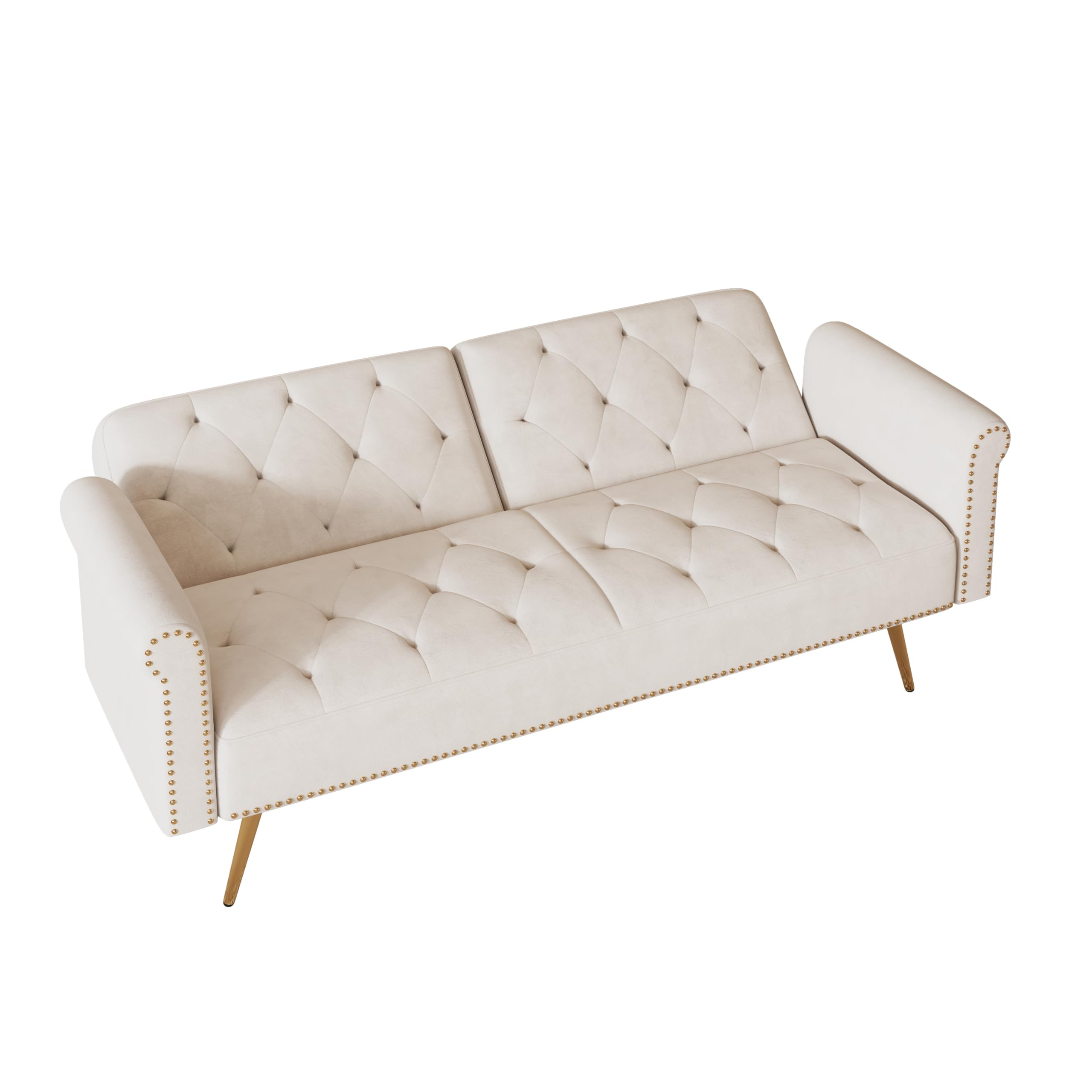 FIQHOME 69.7" Futon,Convertible Folding Bed Couches with 3 Adjustable Backrests,Velvet Nail Head Reversible Sleeper Sectional Sofa with Throw Pillow,for Living Room Apartment,Beige