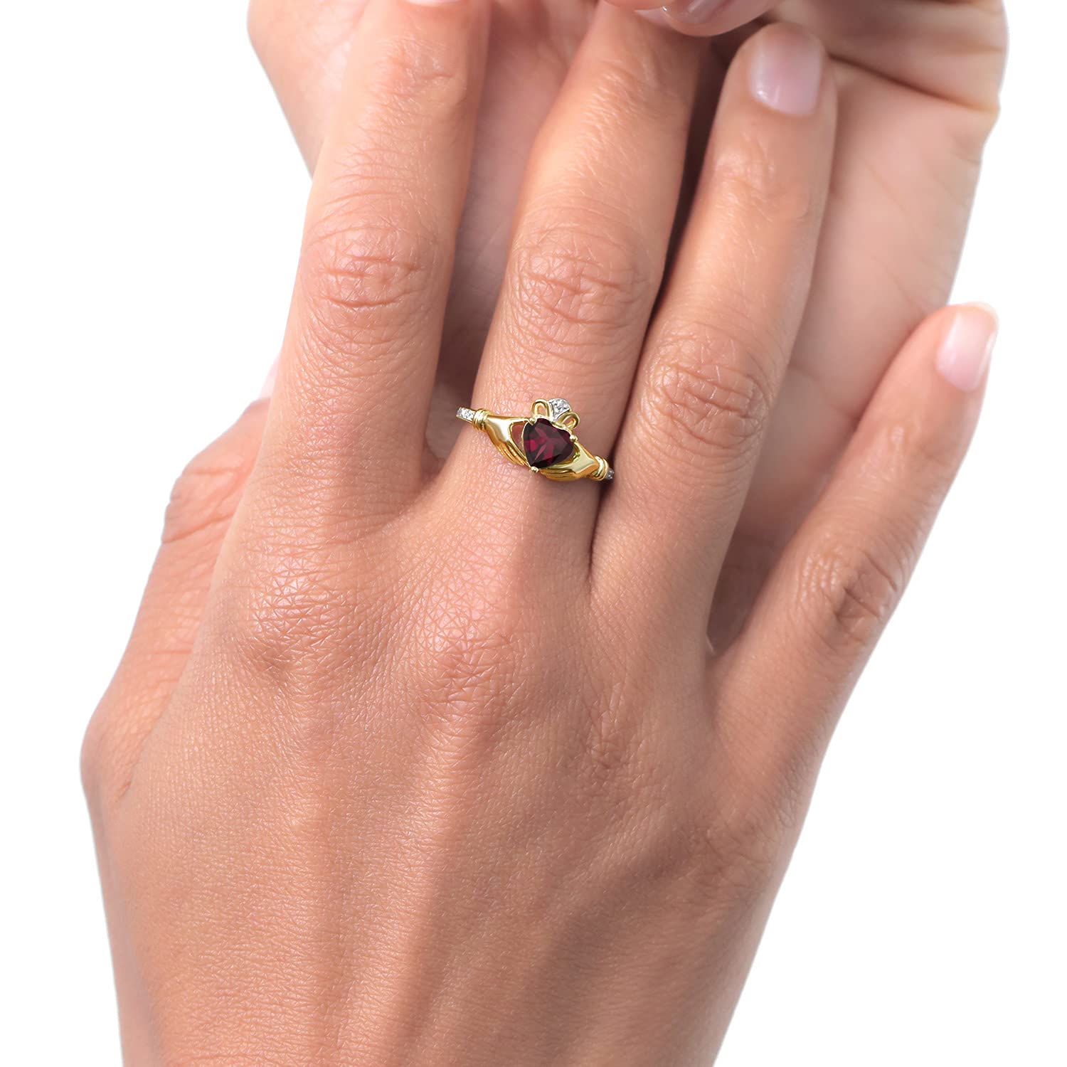 Gem Stone King 10K Yellow Gold Irish Celtic Claddagh Red Rhodolite Garnet and Diamond Accent Engagement Ring For Women (0.78 Cttw, Available in size 5, 6, 7, 8, 9)