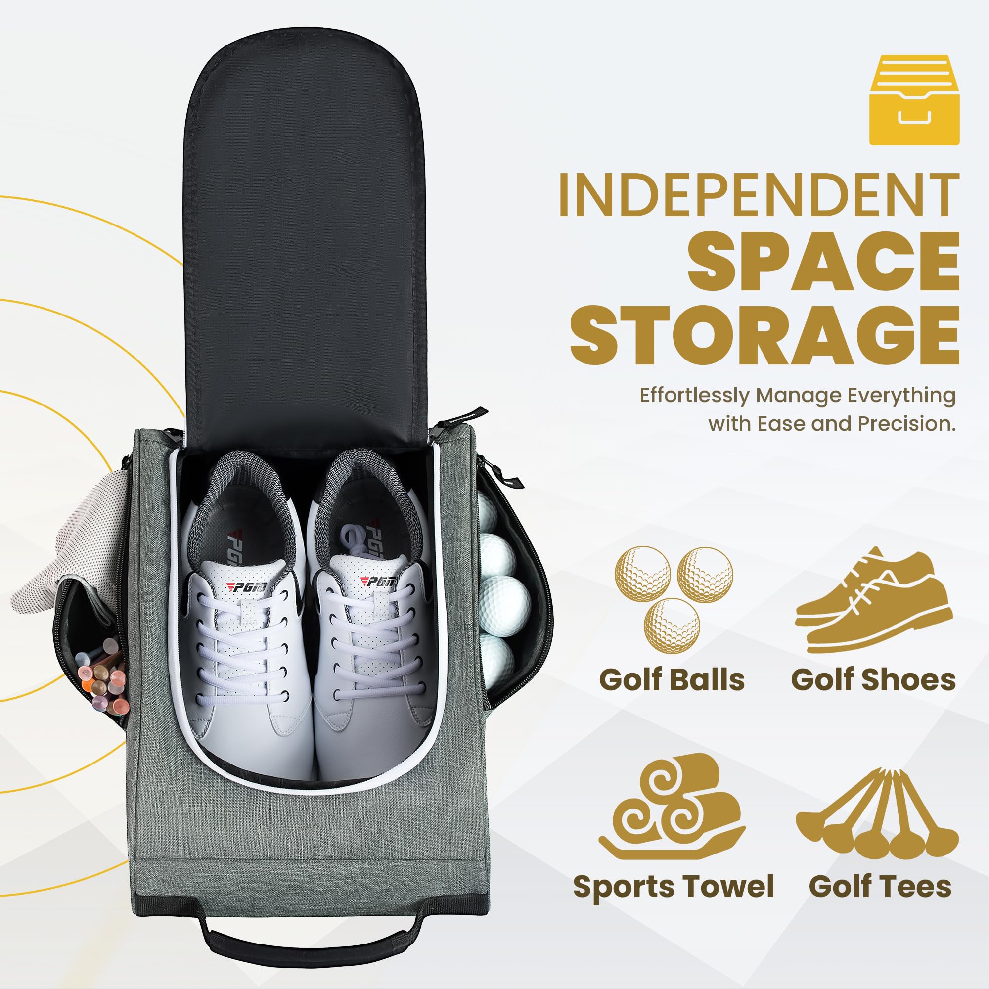 Golkcurx Golf Shoe Bag for Travel Zippered Sport Shoe Carrier Bags with Side Accessory Pockets for Socks, Tees, Golf Balls(Grey)