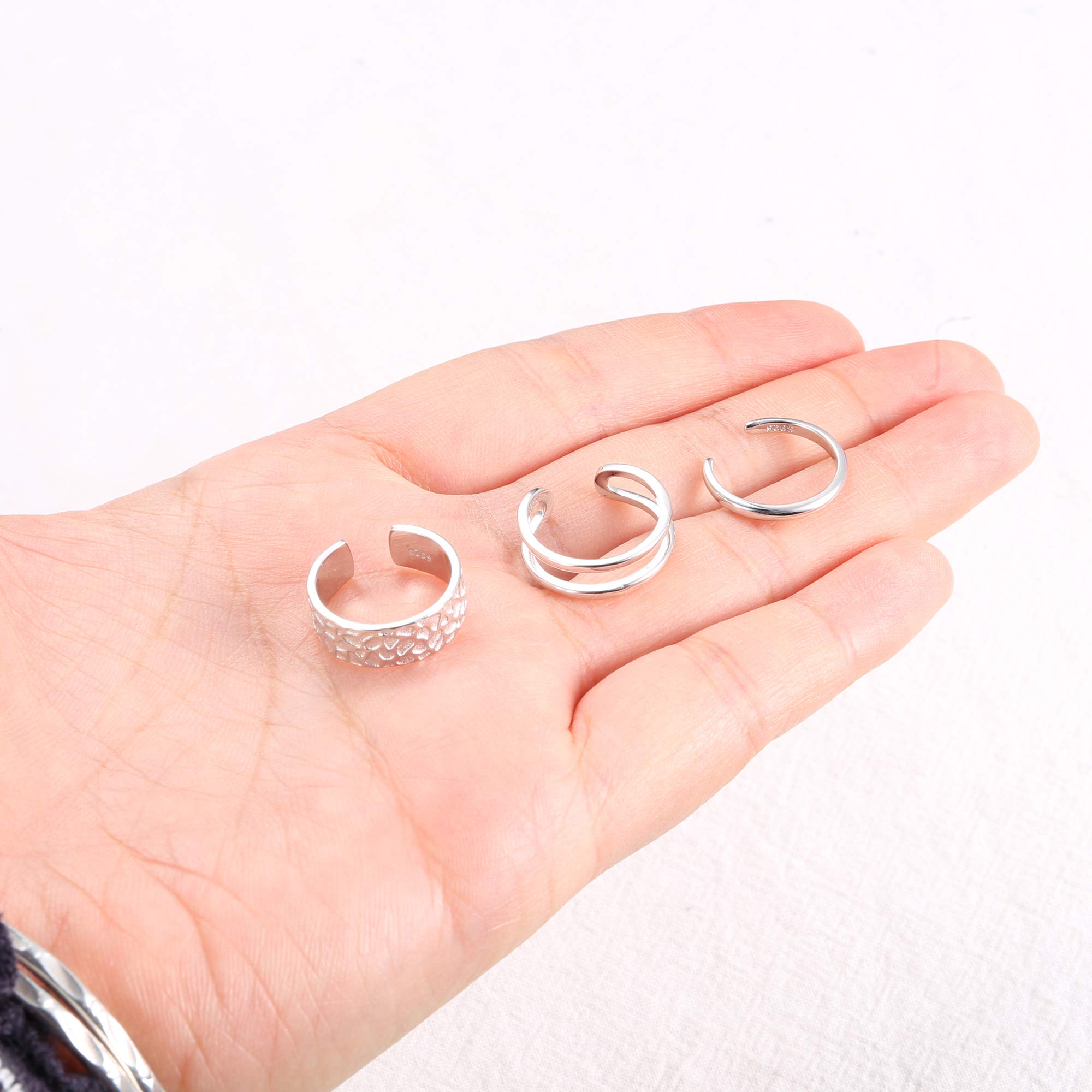 FUNRUN JEWELRY 3 PCS Sterling Silver Toe Rings for Women Minimalistic Open Adjustable Rings Foot Jewelry Set(Silver)
