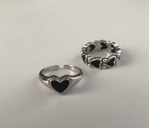 Gothic Vintage Ring Set Black Heart Stackable Statement Retro Punk Open Knuckle Finger Ring for Women Girls -Style 1