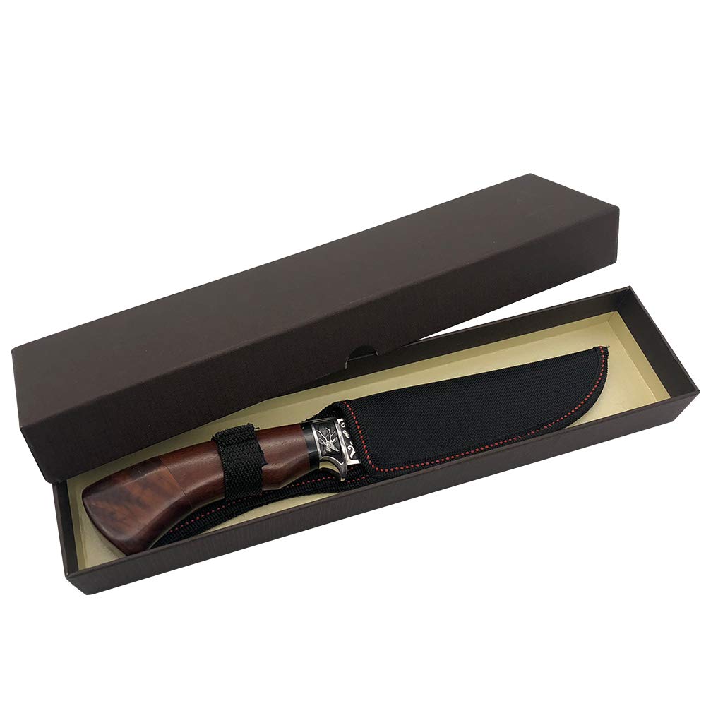 FU-GLBY 11" Fixed Blade Knife with leather sheaath classical embossed blade hunting knife wood handle Survival knife