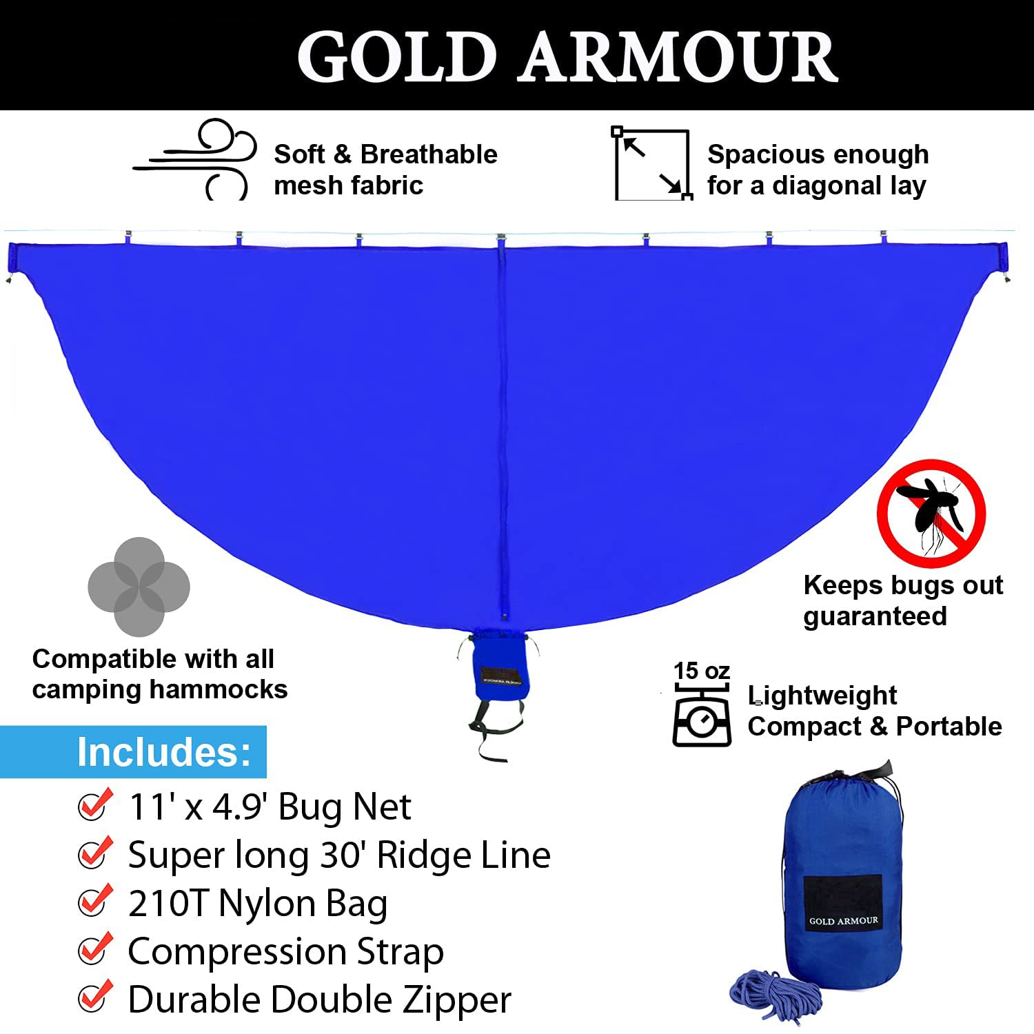 Gold Armour Camping Hammock with Bug Net - XL Double Hammock Portable Hammock Camping Accessories Gear Mosquito Bug Net Set for Outdoor Indoor, USA Based Brand (Blue & Gray)