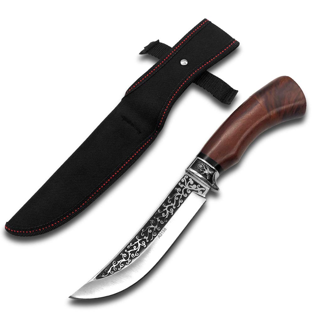 FU-GLBY 11" Fixed Blade Knife with leather sheaath classical embossed blade hunting knife wood handle Survival knife