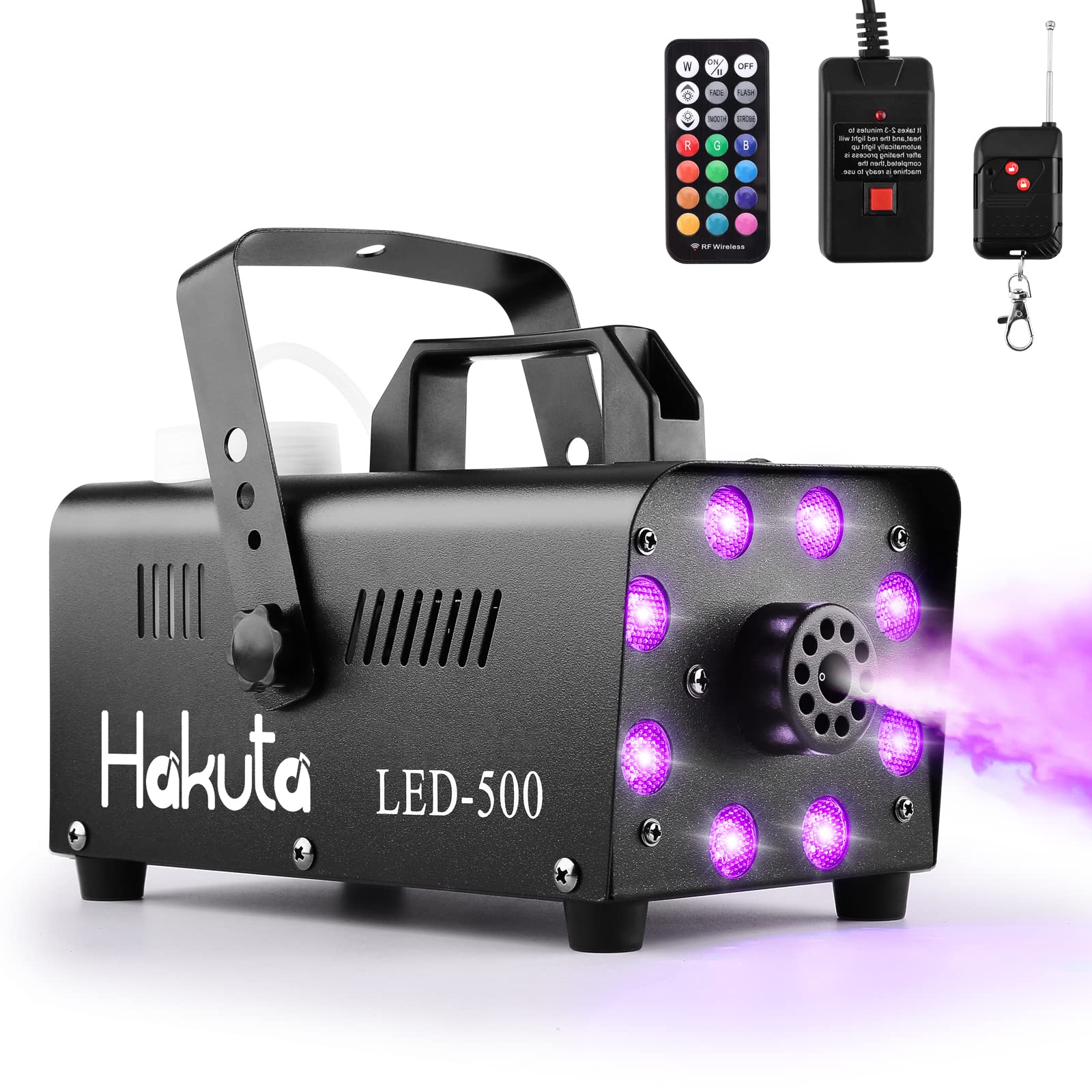 Fog Machine, HAKUTA Automatic Spray Smoke Machine with 8 LED Lights and 13 Colorful LED Lighting Effects, 500W and 2000CFM Fog LED Fog Machine, Perfect for Wedding, Christmas, Halloween, Performance