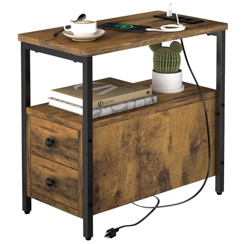 Fixwal Side Table with Charging Station, Narrow End Table with 2 Wooden Drawers, Nightstand Sofa Table for Small Spaces, Living Room, Bedroom, Rustic Brown