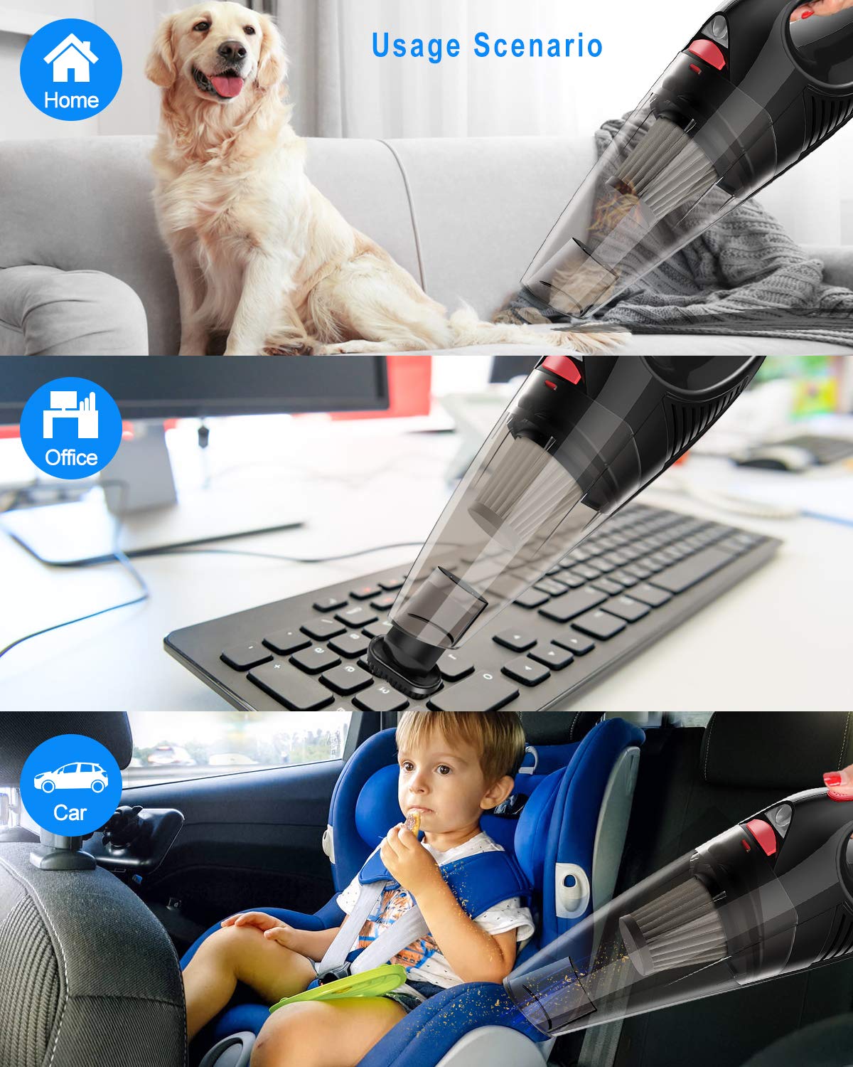Hand Vacuum Cordless, Handheld Vacuum Cleaner Rechargeable with Strong Suction for Home and Car Cleaning