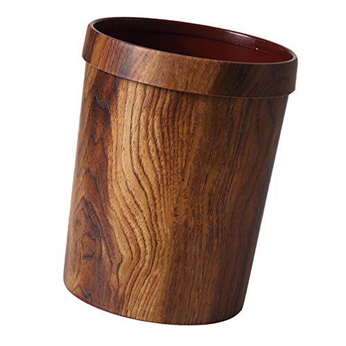 NOLITOY Decorative Storage Bins Small Trash Can Rustic Waste Basket Wood Grain Trash Bin Bathroom Garbage Can Simulated Wooden Wastebasket Flower Holder for Home Kitchen L Metal Bucket