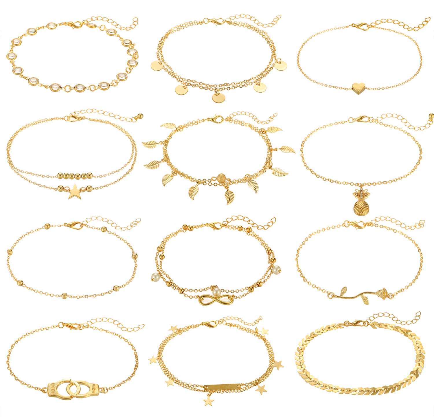 FUNEIA 12/16/30Pcs Ankle Bracelets for Women Gold Silver Rose Gold Charm Anklets Set for Teens Boho Layered Beach Adjustable Foot Chain Summer Beach Jewelry