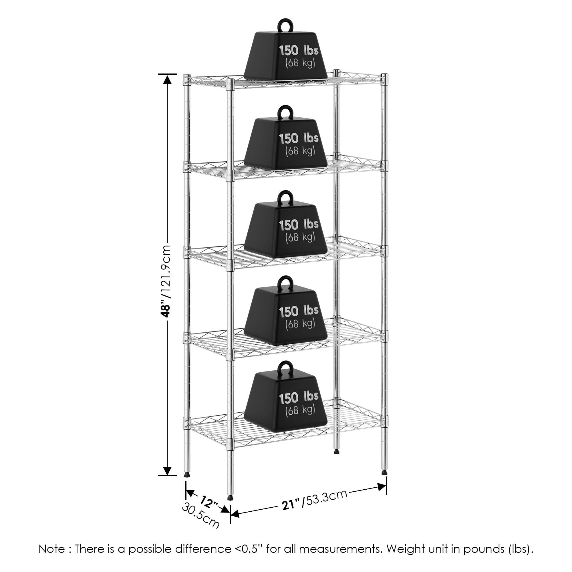 Furinno Wayar 5-Tier Metal Storage Shelf Rack, 21 x 12 x 48, Stainless Steel
