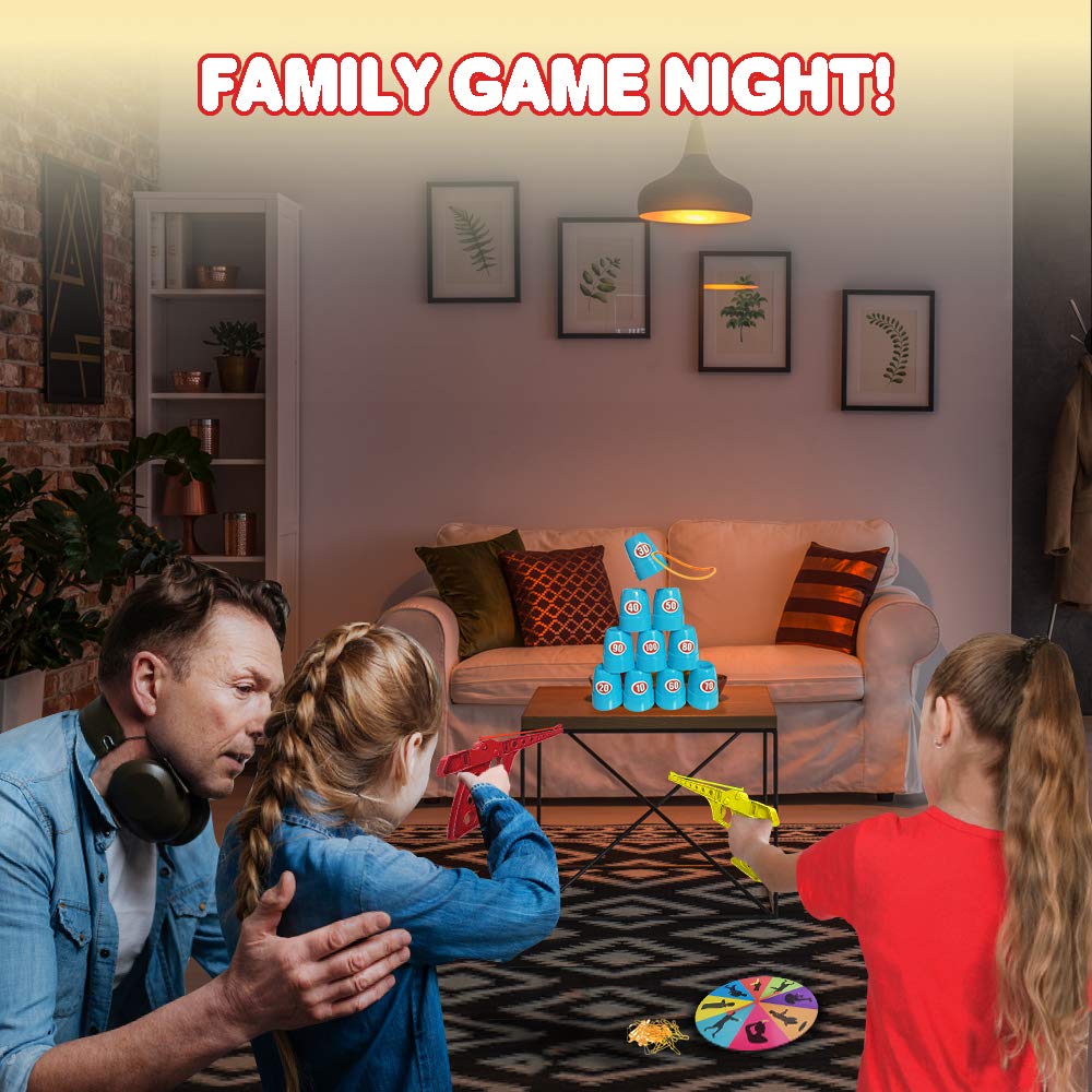 Gamie Shooting Competition Game for Kids - Includes 3 Toy Guns, 100 Rubber Bands, 10 Cups, Game Turntable, Score Stickers and Instructions - Fun Target Practice Game for Boys & Girls