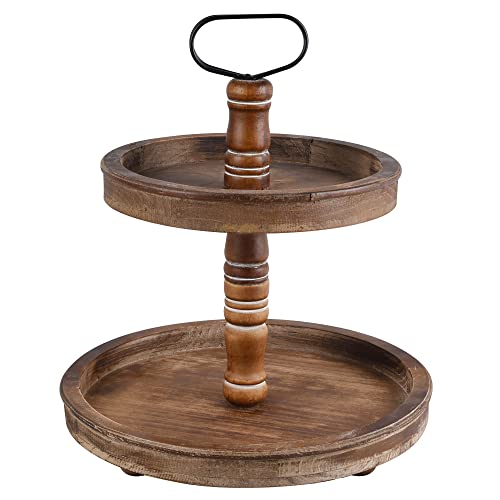 Funly mee Distressed Rustic Brown Wood Two-Tier Tray with Metal Handle,Decorative Organizer for Kitchen Counter Top, Dining Room Table