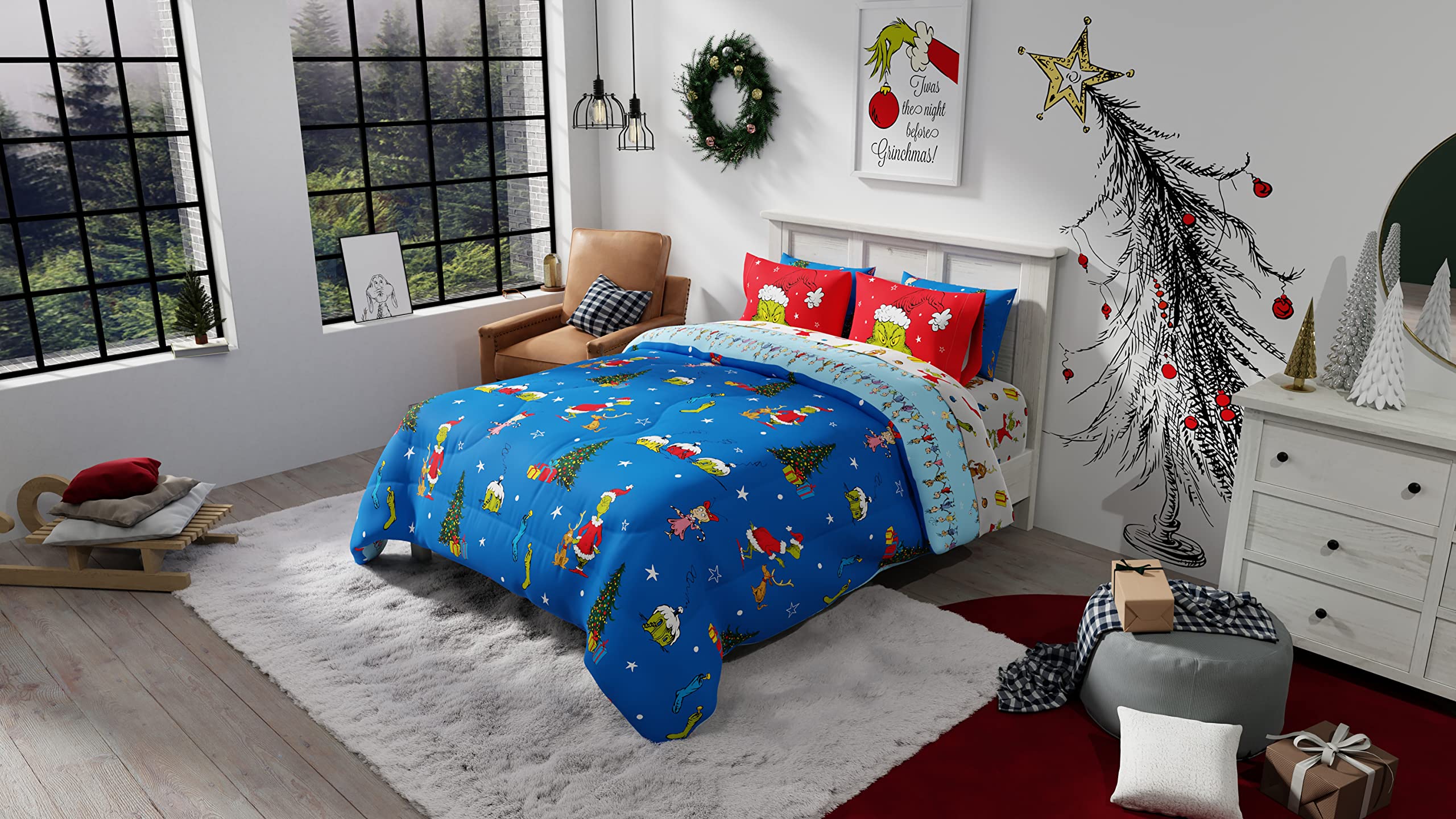 Franco Grinch by Dr. Seuss Holiday & Christmas Bedding Super Soft Comforter and Sheet Set with Sham, 7 Piece Queen Size (Official Dr. Seuss Product)