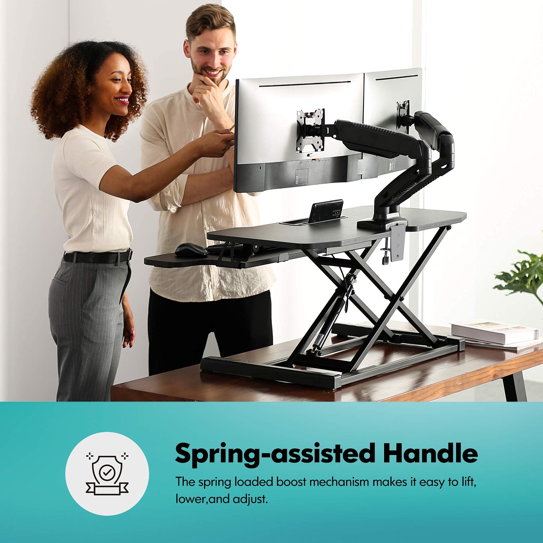 FENGE Height Adjustable Standing Desk Converter 36" Wide Sit to Stand Up Desk with Organizer Area for Dual Monitors SD360001WB