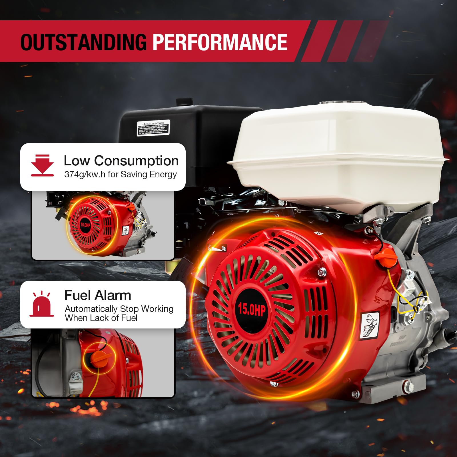 Gas Engine, 420CC 15 HP 4 Stroke Gasoline Engine OHV Horizontal Go Kart Motor Single Cylinder Air Cooling Gas Go Kart Engine FIT for Water Pumps, Vibrators, Generators (4 Stroke 15HP 420cc Red+Black)