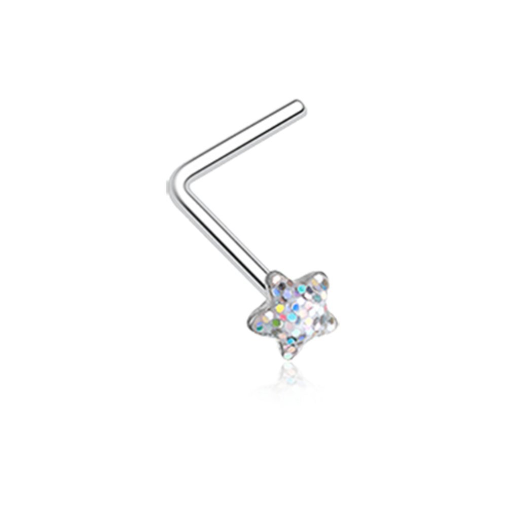 Freedom Fashion Star Glitter Sparkle L-Shaped 316L Surgical Steel Nose Stud Ring (Sold Individually) (20 GA, 9/32", Steel)