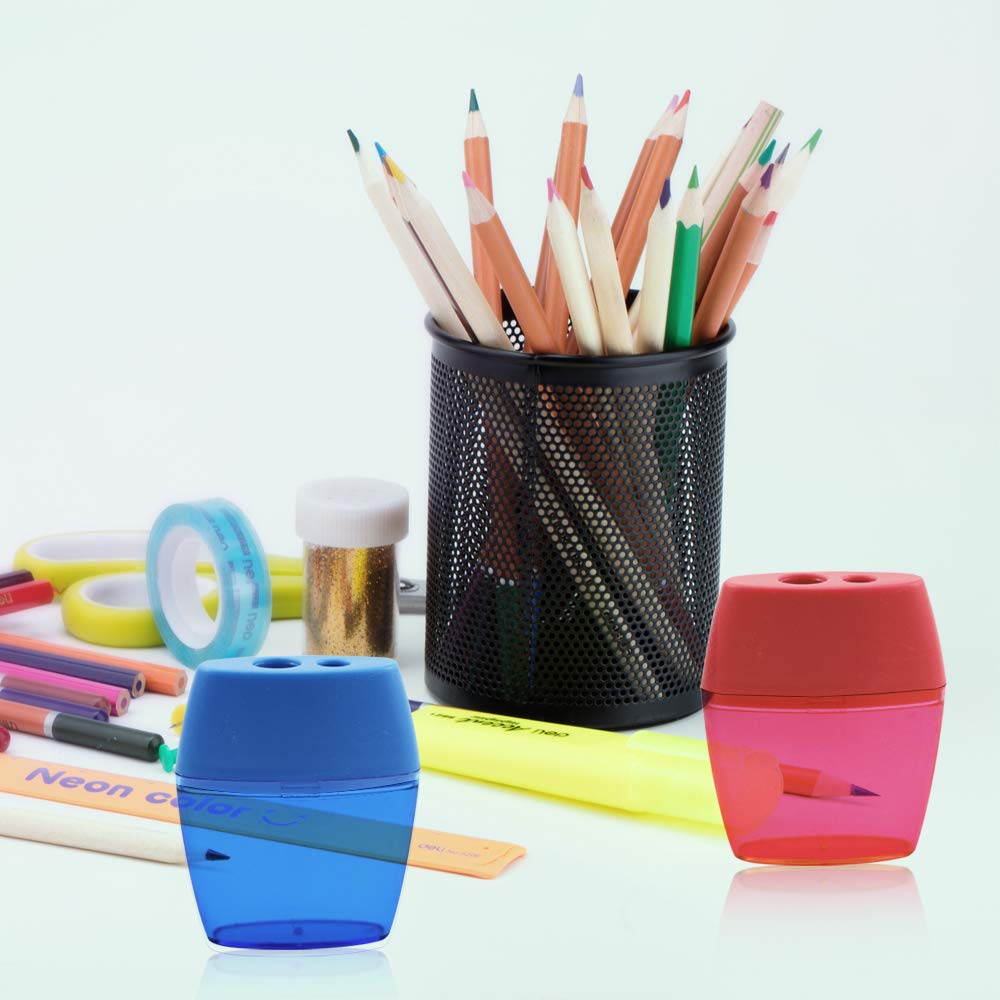 Finico 12 PCS Double Hole Pencil Sharpener,Double Holes Triangular Shape Pencil Sharpener with Cover and Receptacle for School and Work,Two Hole Pencil Sharpener(Green, Blue, Yellow, red)