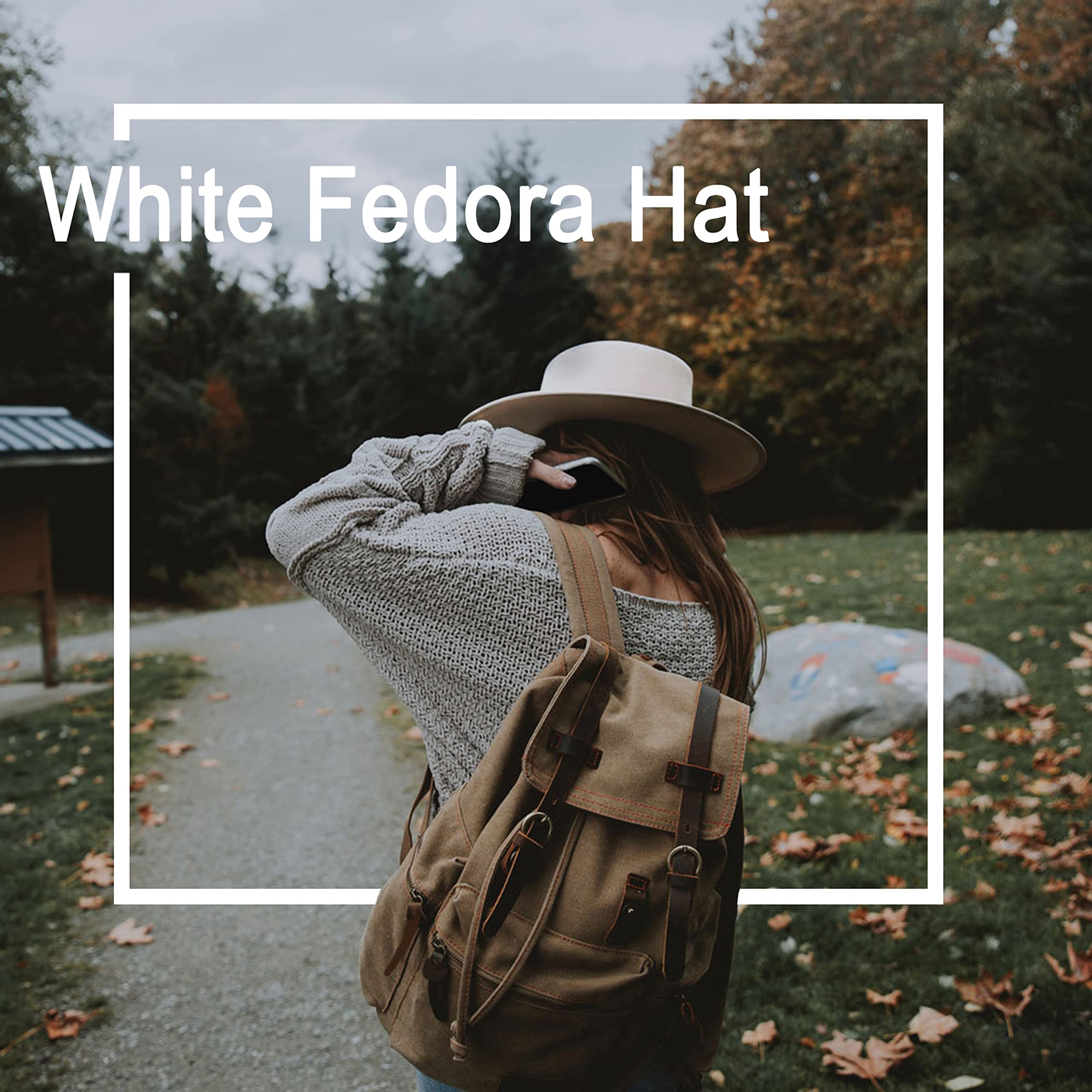 Gossifan Classic Wide Brim Fedora Hat with Chain Belt Buckle - AAA-White
