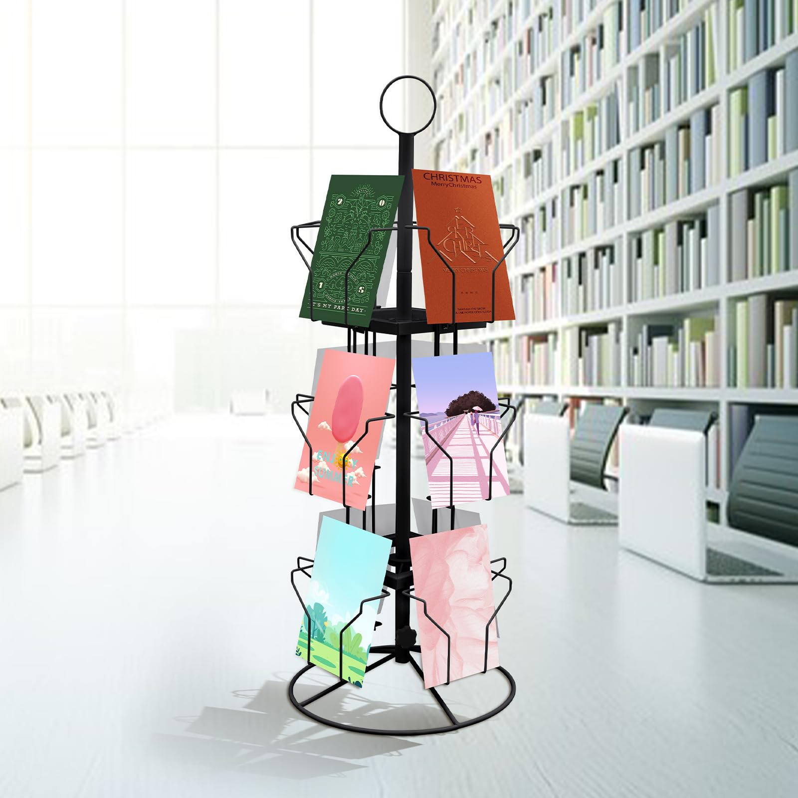 NOLANTISI 12 Pockets Countertop Rotating Greeting Card Rack with 360 ° Rotatable 3 Tier Design Metal Display Stand Spinning Floor Stand Pocket Rotating Holder for Stickers Showcase