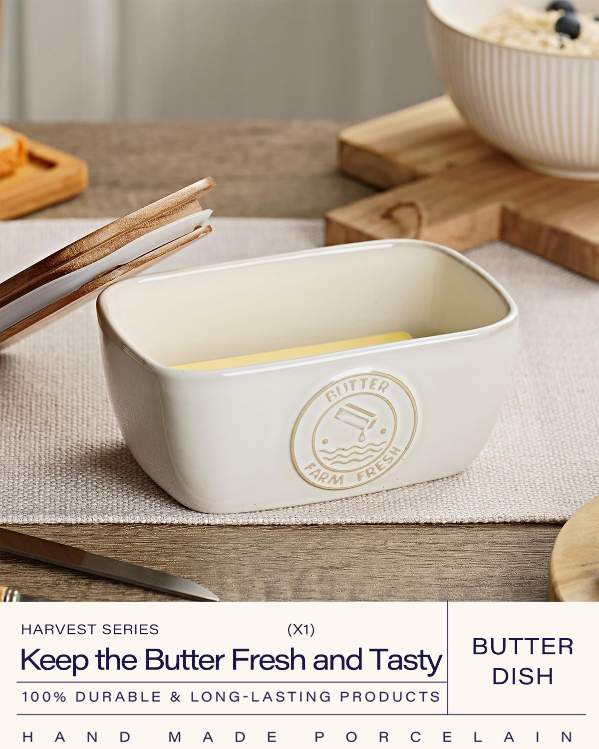 Getstar Ceramic Butter Dish with Acacia Lid for Countertop, Silicone Sealing, Farmhouse Kitchen Counter Decor, Large Butter Keeper Container (6.5βx4β)