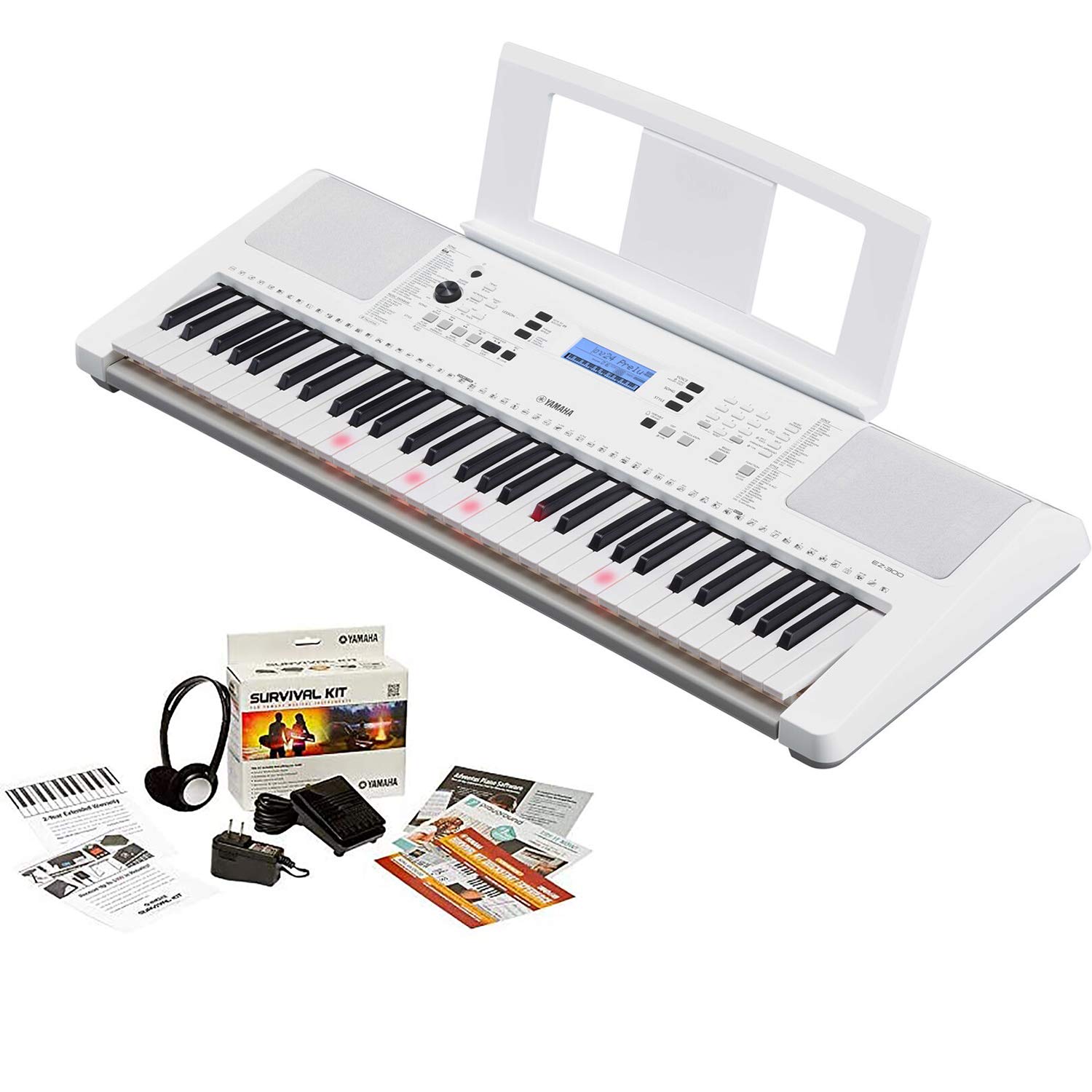 Genesis Bundle Yamaha EZ-300 61-Key Portable Keyboard with Lighted Keys Bundled with Power Supply, Foot switch, Stereo Headphones, and 2-Year Extended Warranty
