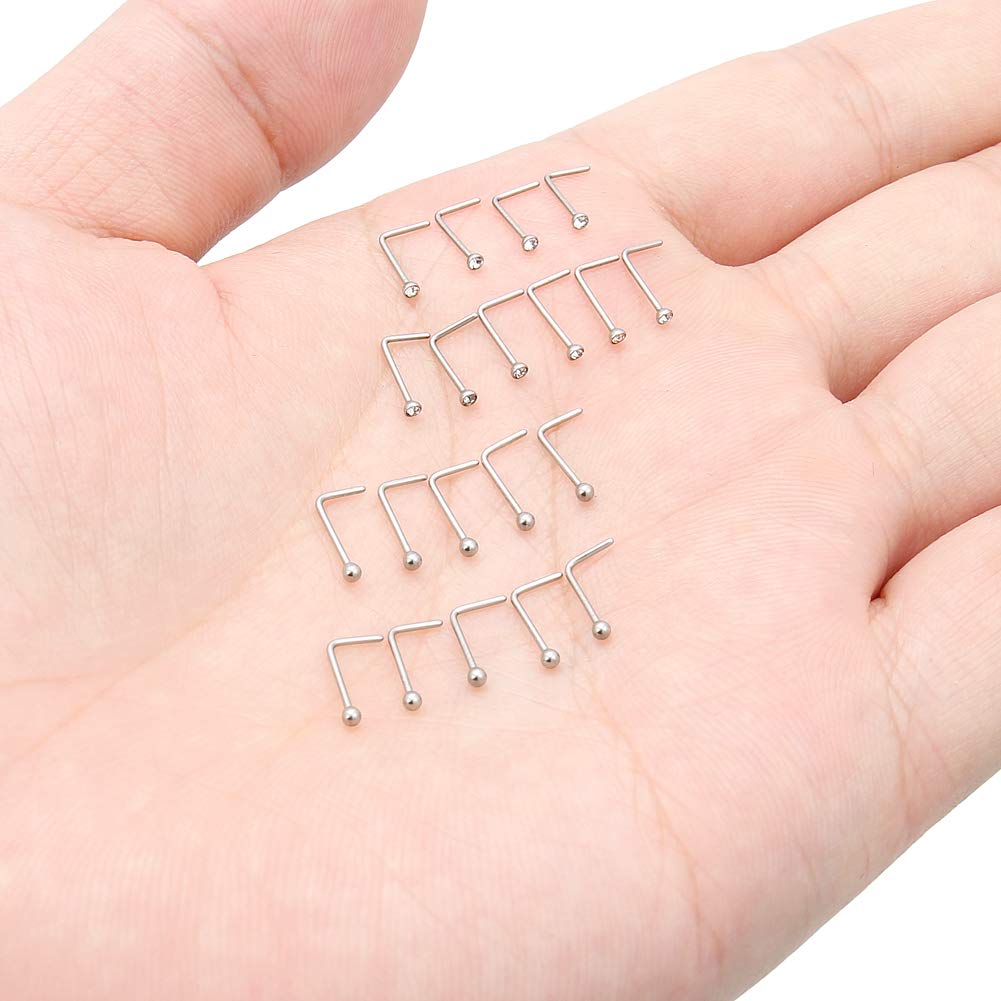 Ftovosyo L Shaped Nose Rings 22G Surgical Steel Nose Studs Clear Diamond CZ Curved Bend Piercing Jewelry 20 Pieces 1.5mm