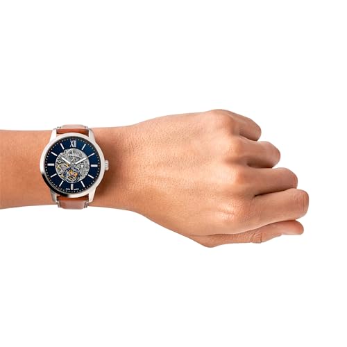 Fossil Men's Townsman Automatic Stainless Steel and Leather Three-Hand Skeleton Watch, Color: Silver, Luggage (Model: ME3154)