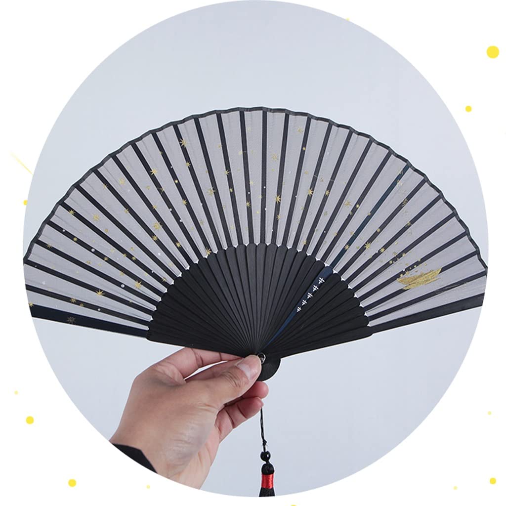 Folding Fan Chinese Style Women's Fan Summer Portable Folding Fan Ancient Style Bamboo Fan Dance Platform for Dance (Color : Black)