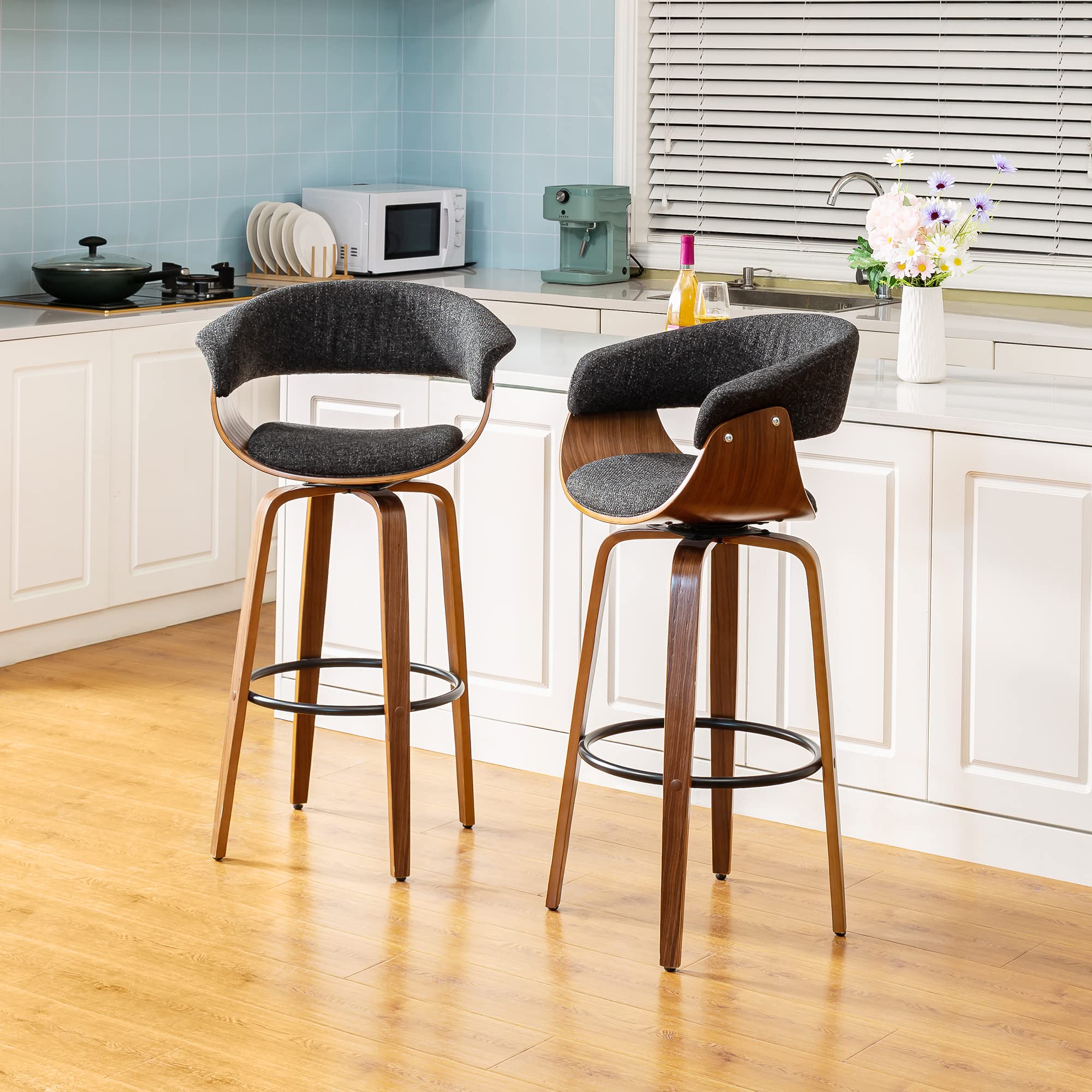 Glitzhome 2 Set Swivel Bar Stool, Bar Height Mid-Century Modern Grey Fabric Wooden Bar Chair with Back Support